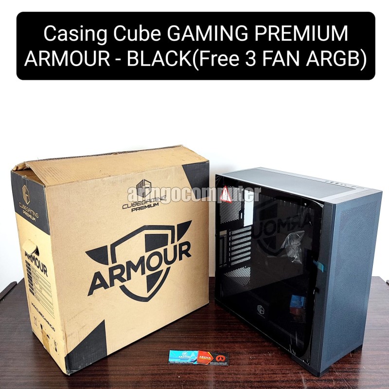 ARINGO - Casing Cube GAMING PREMIUM ARMOUR ATX - BLACK (Free 3 FAN ARGB)